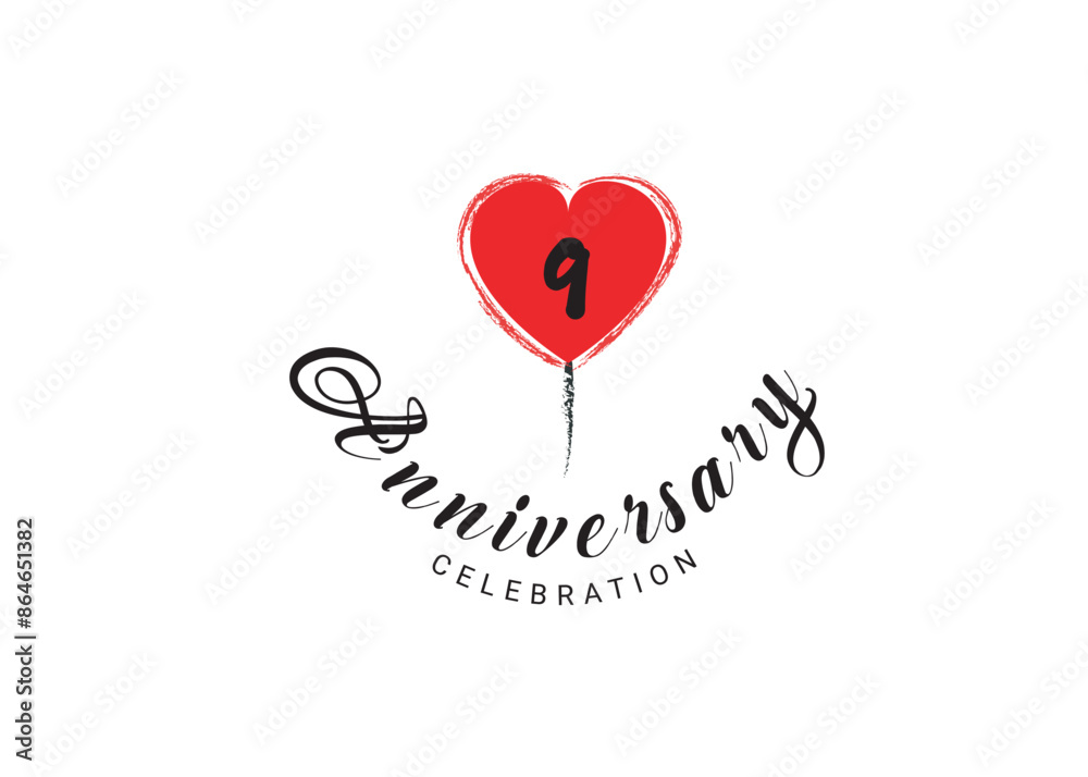 9 Years Anniversary Celebration logo with red heart vector, 9 number ...