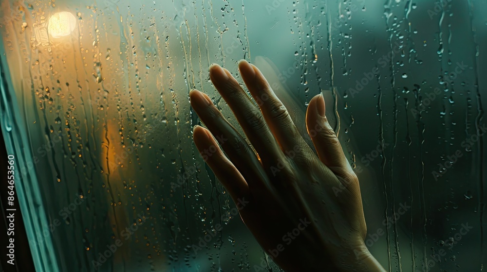 Woman's left hand touching a foggy window, with condensation forming ...