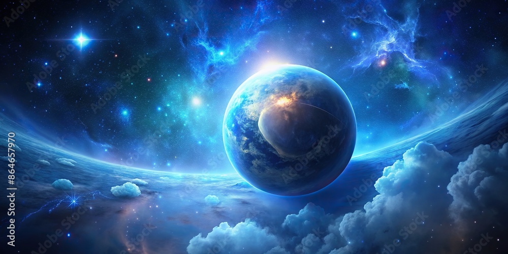 Glowing blue planet surrounded by stars, nebulae, and cosmic clouds in ...