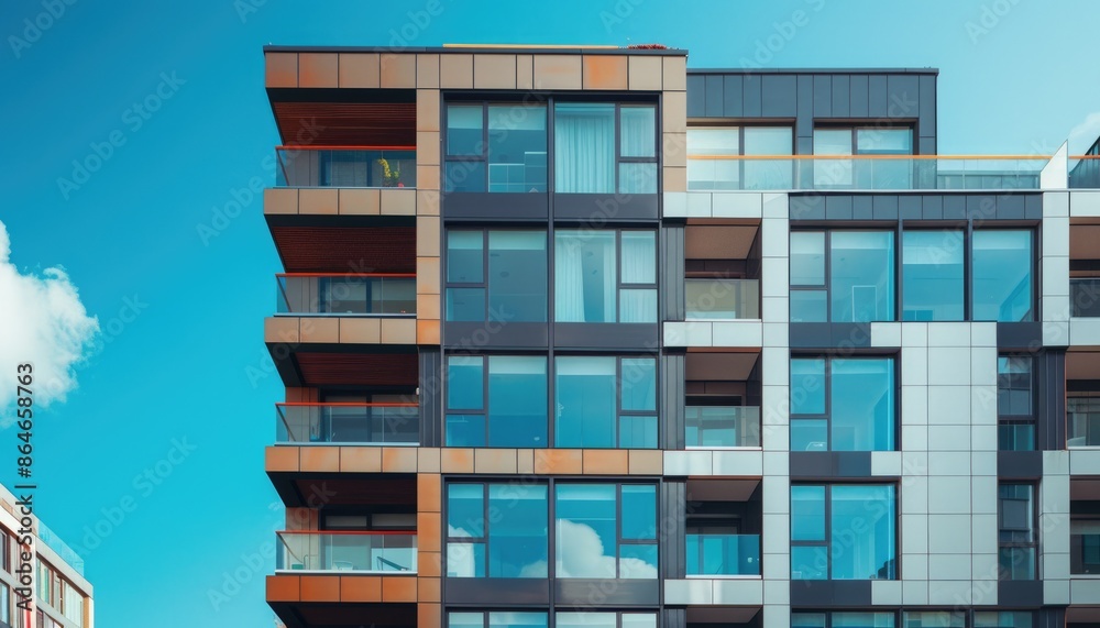 Modern apartment complex with glass facade, steel framing in urban ...
