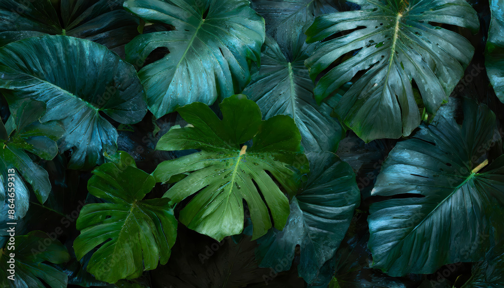 Top down view of big green tropical monstera deliciosa and elephant ear ...
