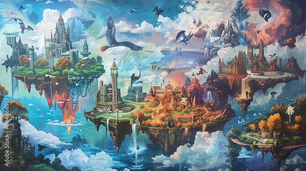 Fantasy landscape with floating islands and flying creatures. The ...
