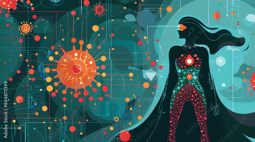 Illustration of a superhero with a virus-like structure on her chest ...