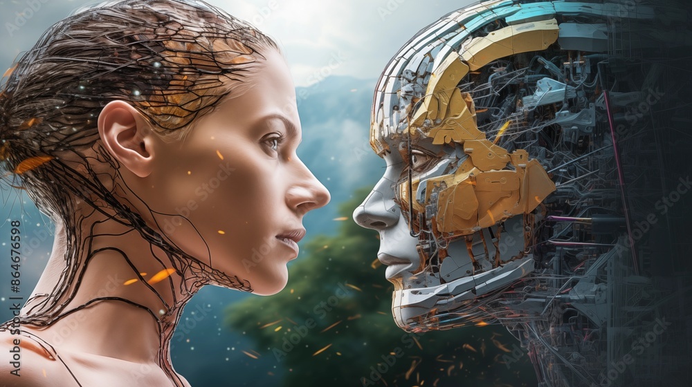 Artistic representation of a human and a cyborg facing each other ...