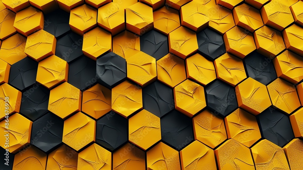 3D rendering of a honeycomb pattern in yellow and black colors. The ...