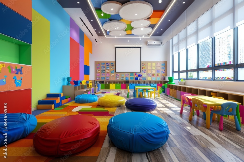 Colorful and vibrant interior design of a modern preschool classroom ...