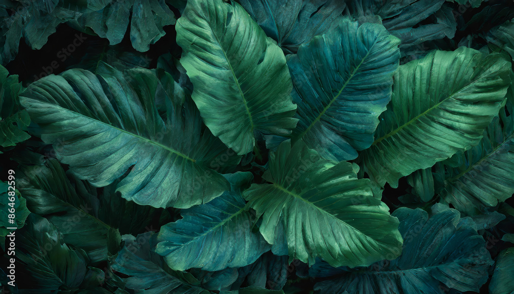 Top down view of big green tropical monstera deliciosa and elephant ear ...