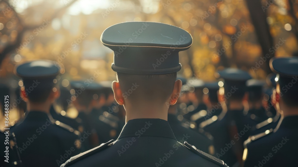 rear view of uniformed students in military formation on university ...