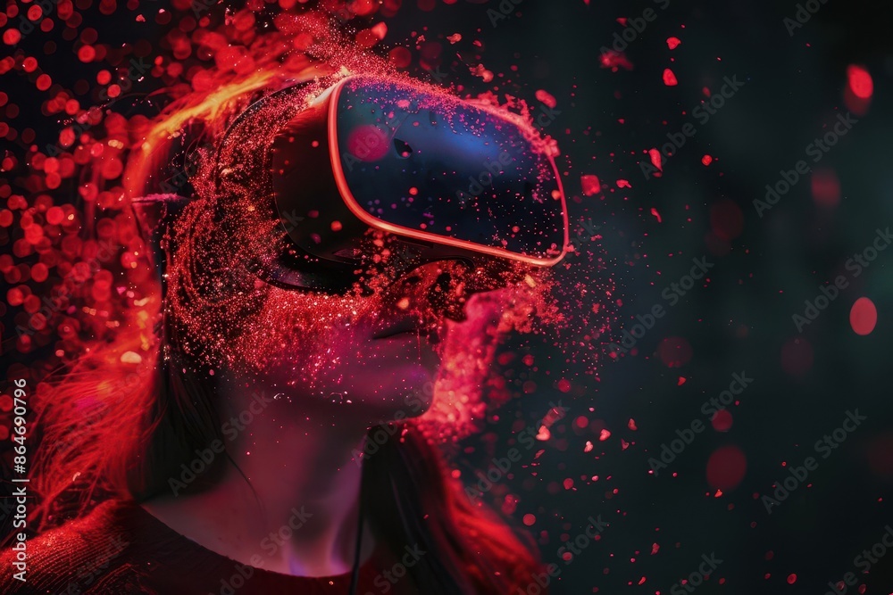 surreal portrait of woman wearing vr headset face disintegrating into ...
