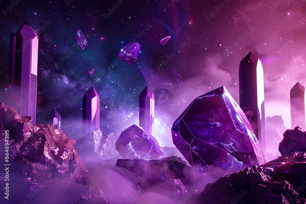 Purple crystal landscape with rocks, nebula, and stars in the ...