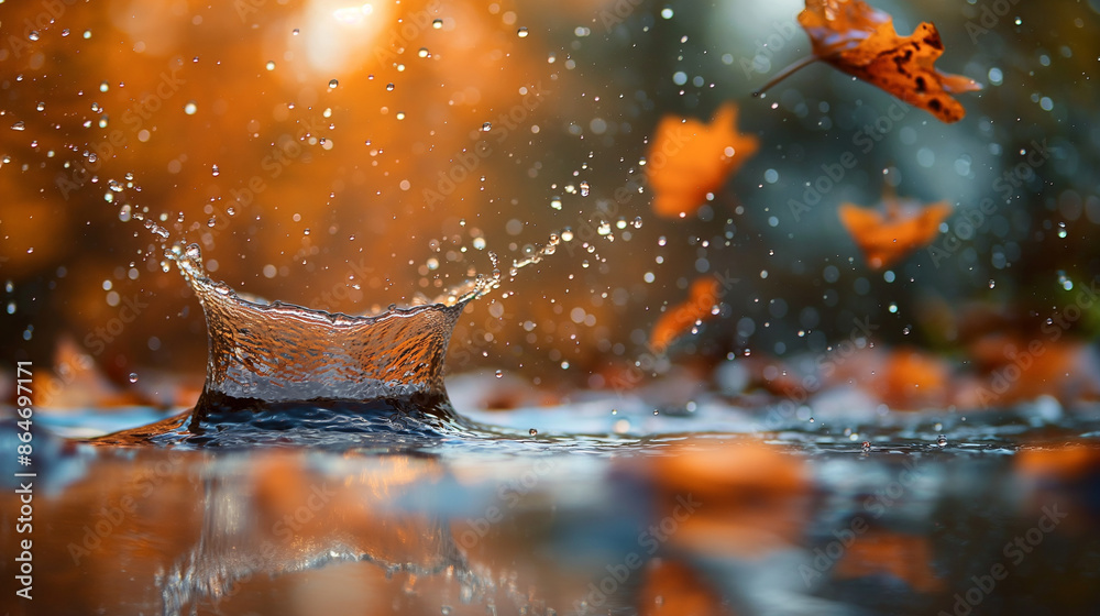 An extreme close-up of a raindrop splashing into a puddle, capturing ...