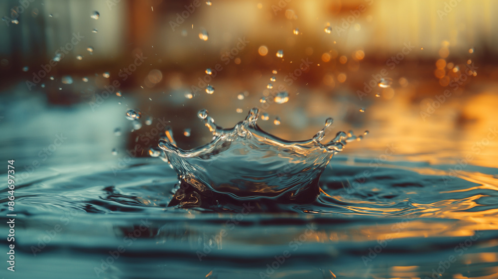 An extreme close-up of a raindrop splashing into a puddle, capturing ...