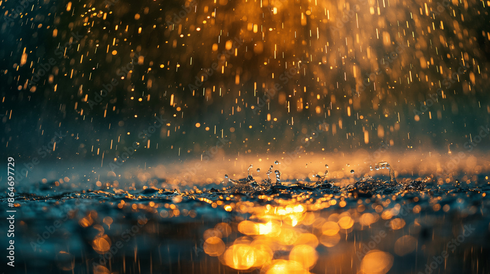 An extreme close-up of a raindrop splashing into a puddle, capturing ...