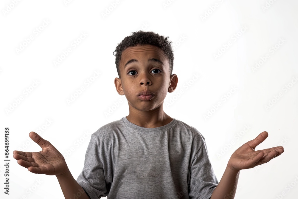 Foto de Confused young boy with arms outstretched, questioning ...