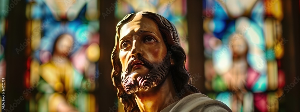Jesus Christ. Statue of Jesus in a church, stained glass in background ...