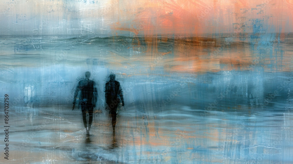 An abstract painting depicting two figures walking on the ocean ...