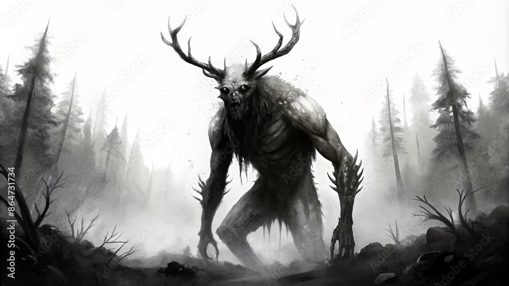 Vector illustration of silhouettes wendigo exploring the forest Stock ...