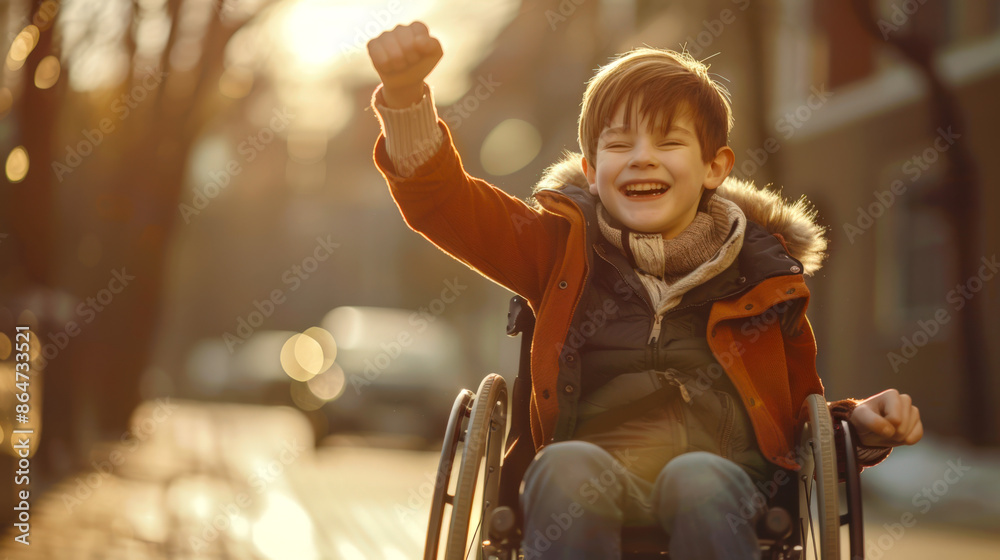 The concept of fighting for your health and joy. A little disabled boy ...