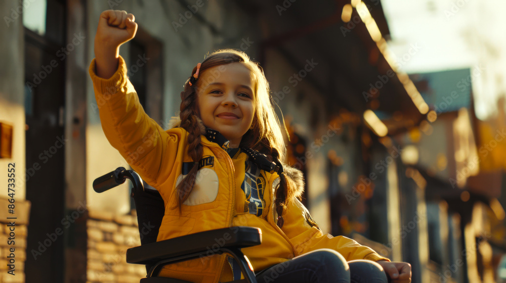 A young disabled girl in a wheelchair, smiling, raises her fist up in a ...