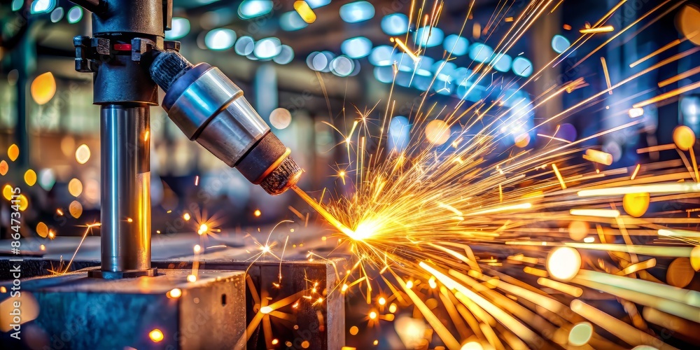 Vibrant sparks and bokeh lights surround a welding torch as it fuses ...
