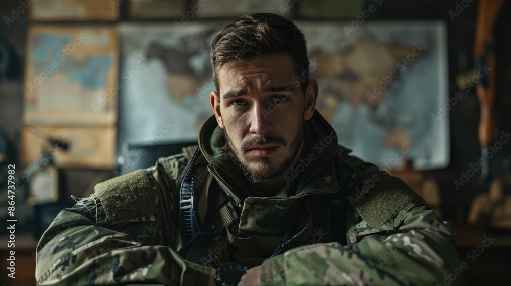 The picture of the military officer working on with map to collect the ...