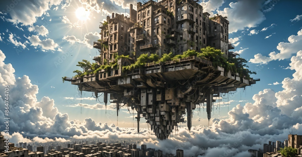 floating island city in the sky and clouds. tall flying buildings ...