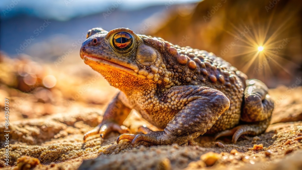 A solitary common toad slowly crawls across a sun-drenched, rugged ...