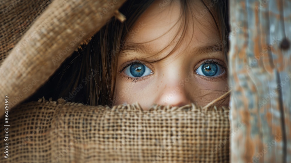 Little boy hiding under the cloth The head is covered and only the face ...