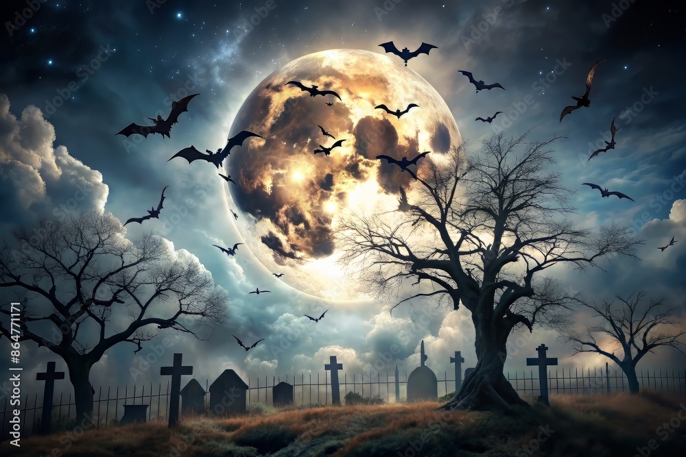 Ominous Halloween night scene featuring bats flying over a full moon ...