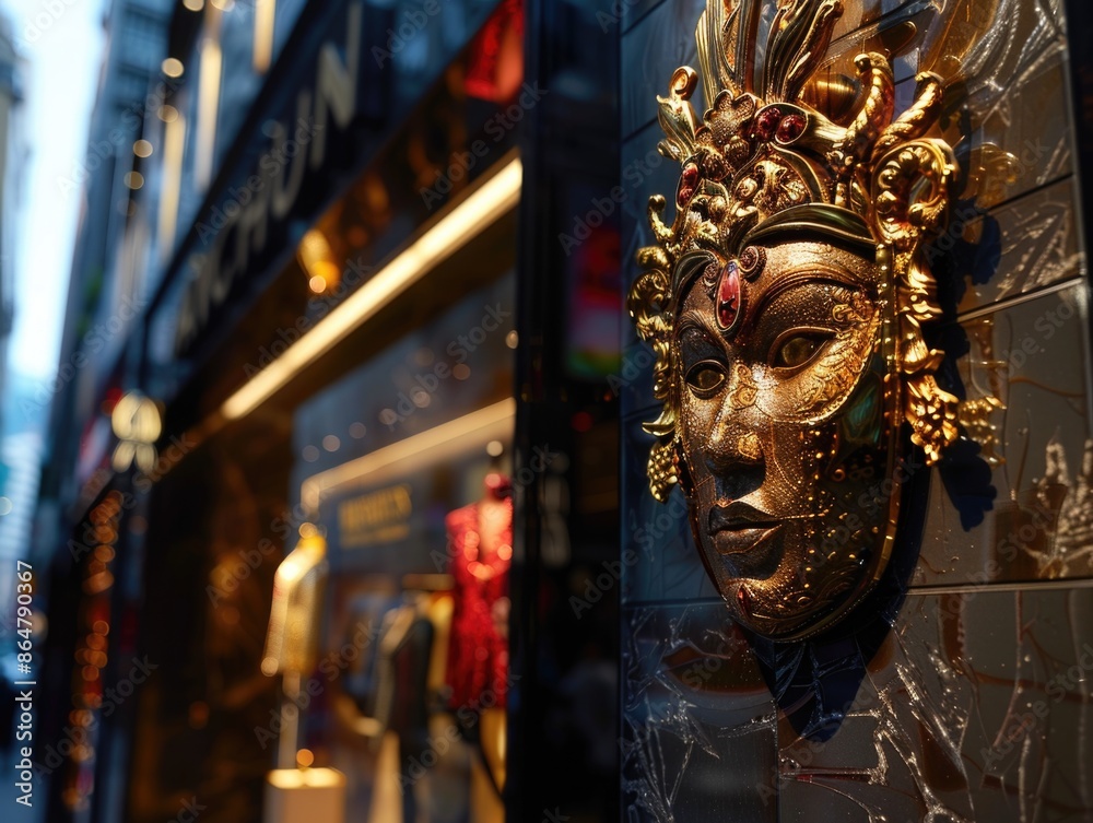 A gold mask with a gold face is hanging on a wall. The mask is ...