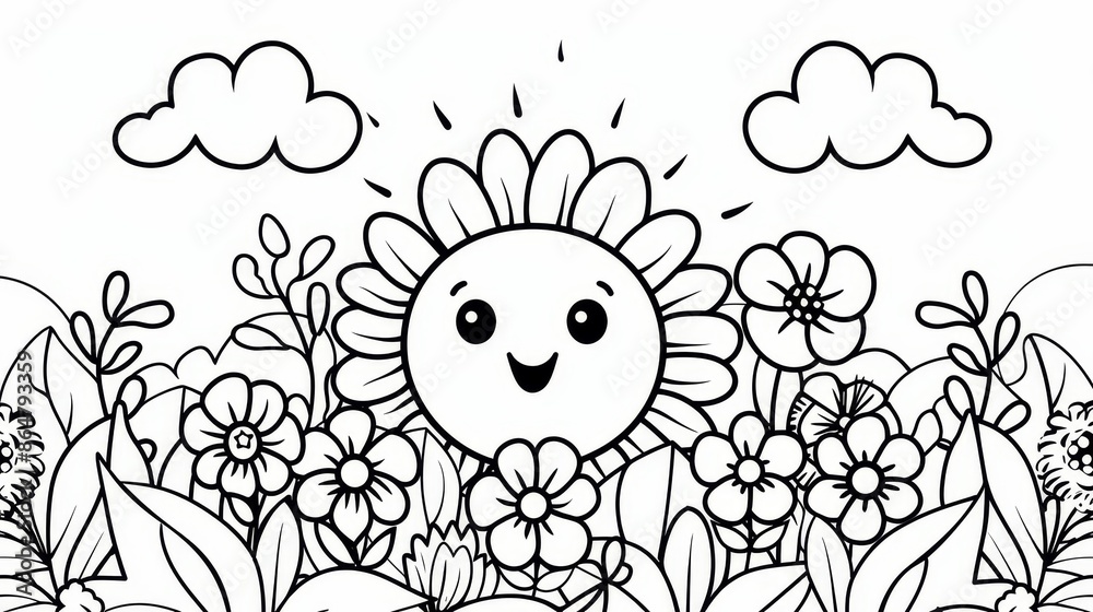 Cute coloring page featuring basic garden flowers and a happy cartoon ...