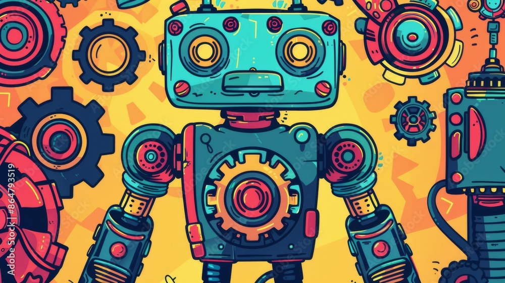 Colorful cartoon robot illustration with gears and cogs, vibrant ...