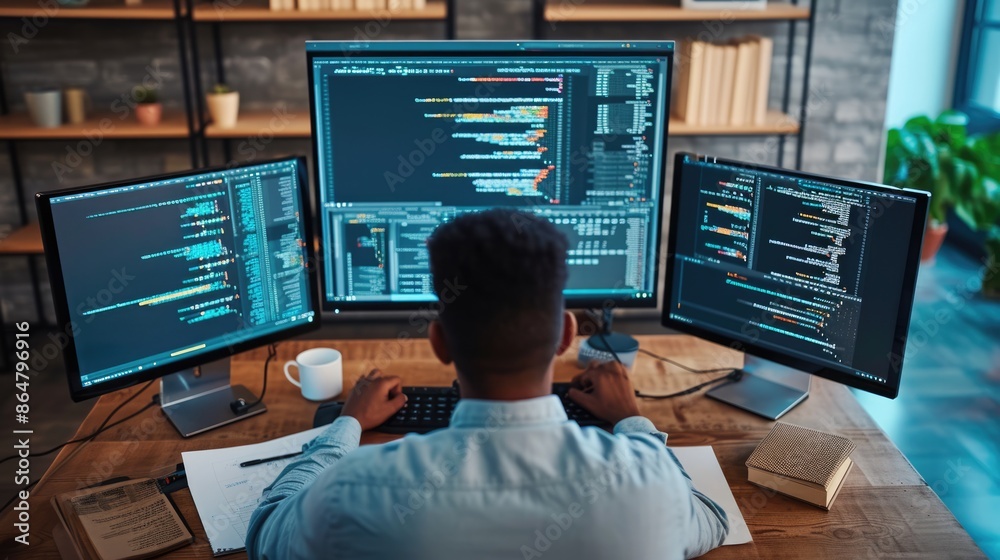 A focused software developer codes on a dual monitor setup in a modern ...