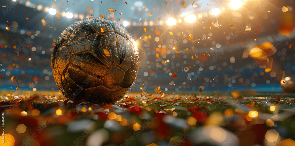 Golden Soccer Ball on Stadium Grass with Confetti and Lights ...
