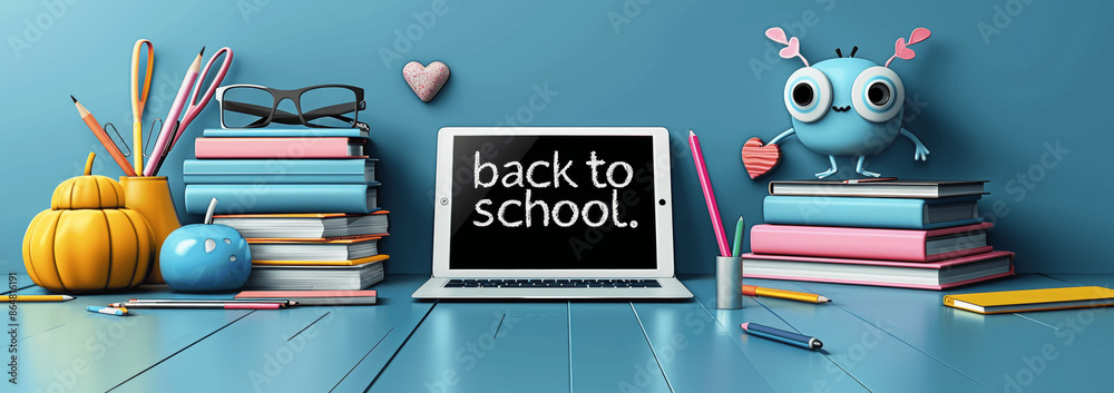 3D Render Laptop Books School Supplies Blue Background Back to School ...