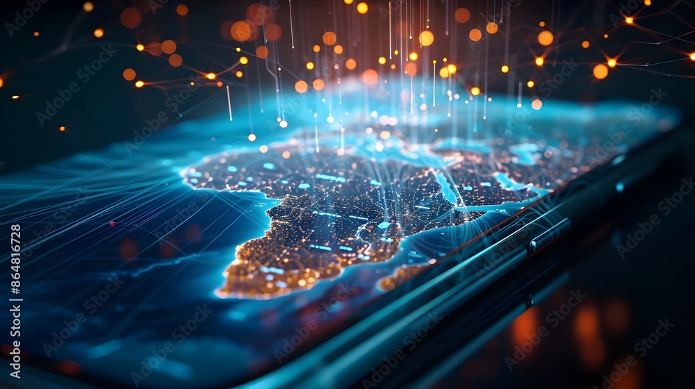 Futuristic digital map of Africa on a smartphone, depicting technology ...