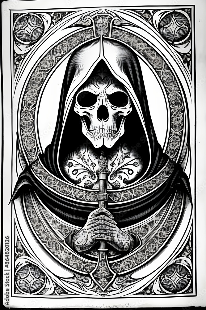 a medieval illustration, tattoo design, evil, death, grim reaper ...