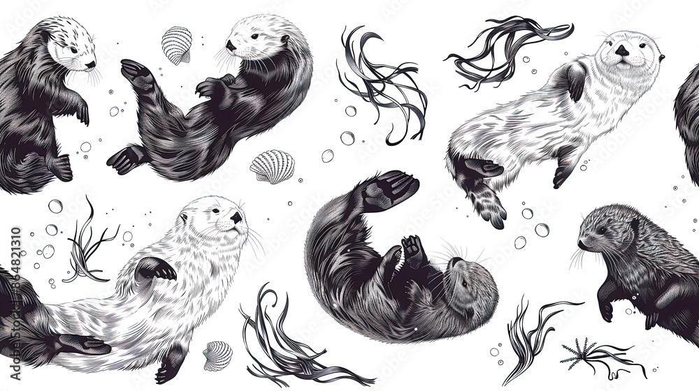 Collection of otters with seashells and seaweed. Black and white hand ...