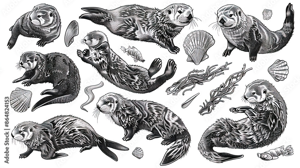 Collection of otters with seashells and seaweed. Black and white hand ...