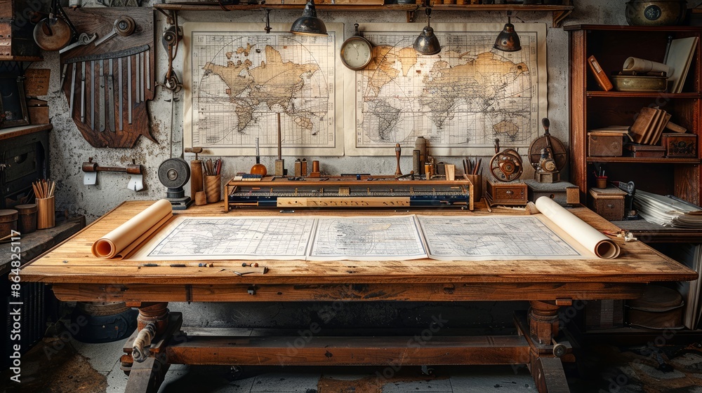Vintage map room with drafting table and tools Stock Illustration ...