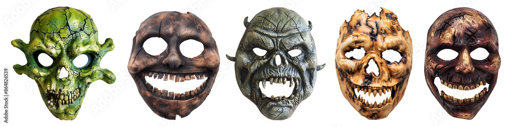 Set collection of scary monster face mask on transparent background ...