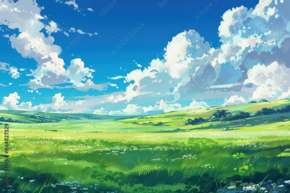 Beautiful green meadow with rolling hills and bright blue sky with ...