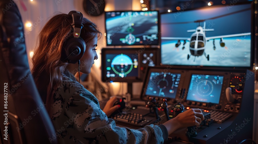 a girl in a modern home cockpit setup, using a flight stick and rudder ...