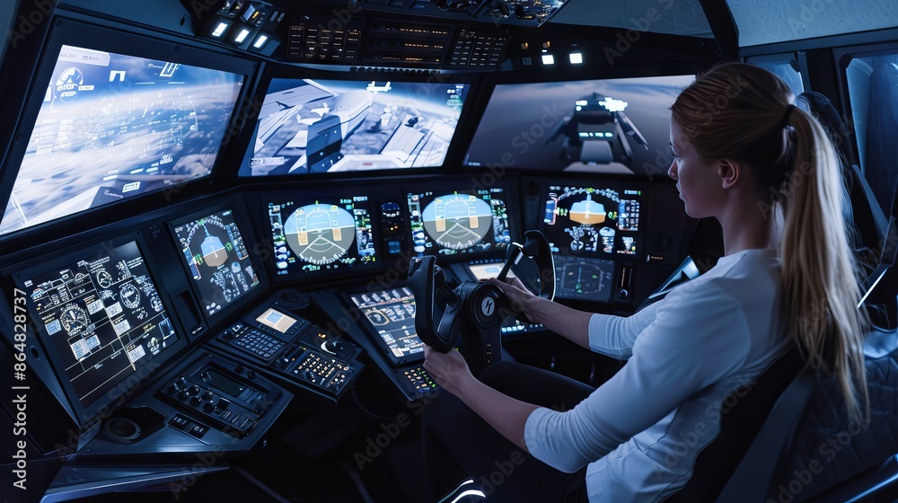 ภาพประกอบสต็อก a girl in a modern home cockpit setup, using a flight ...