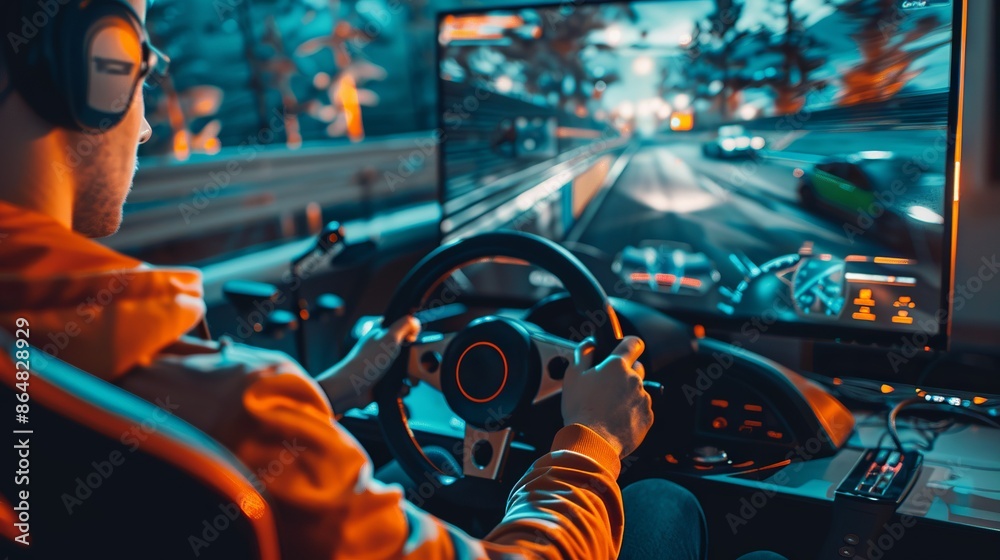 Gamer playing pc game with racing wheel controller. Race simulator with ...