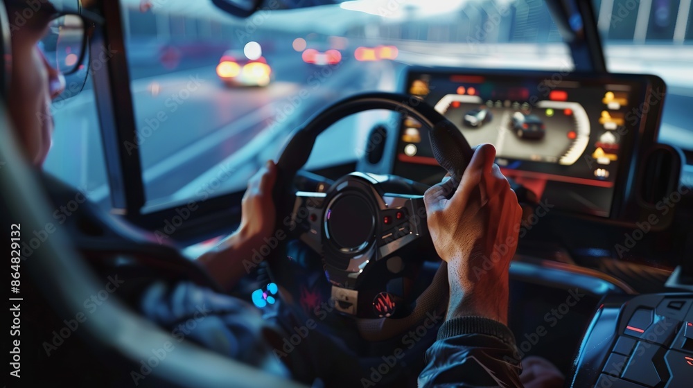 Gamer playing pc game with racing wheel controller. Race simulator with ...