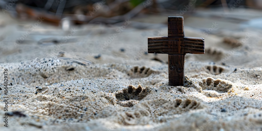 Symbols of Jesus' Journey Wooden Cross and Footprints With Religious ...