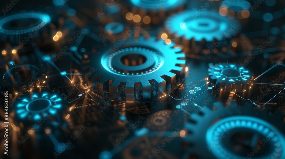 Abstract image of a futuristic gear mechanism with glowing blue and ...