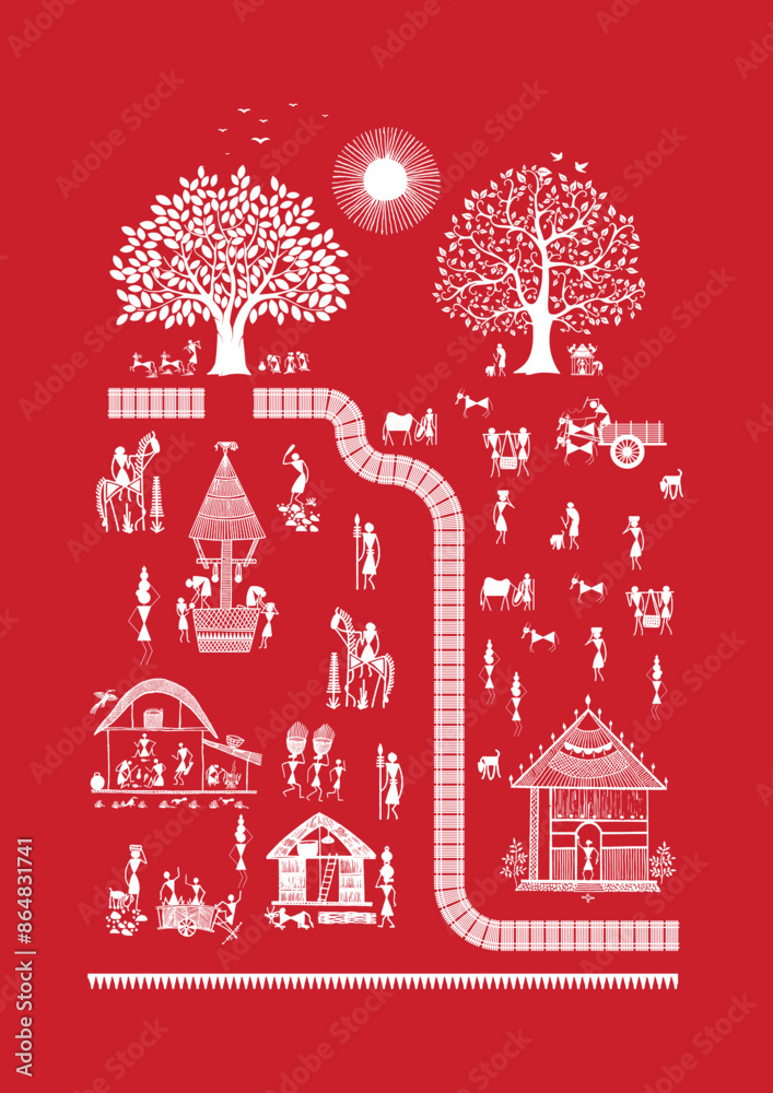 Whispers of Harmony: A Serene Warli Journey - Village Gathering by the Mango Tree. Warli art ...