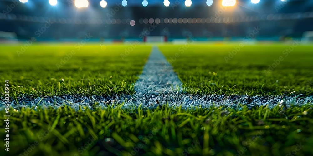 Detailed view of soccer field markings and turf illuminated by stadium ...